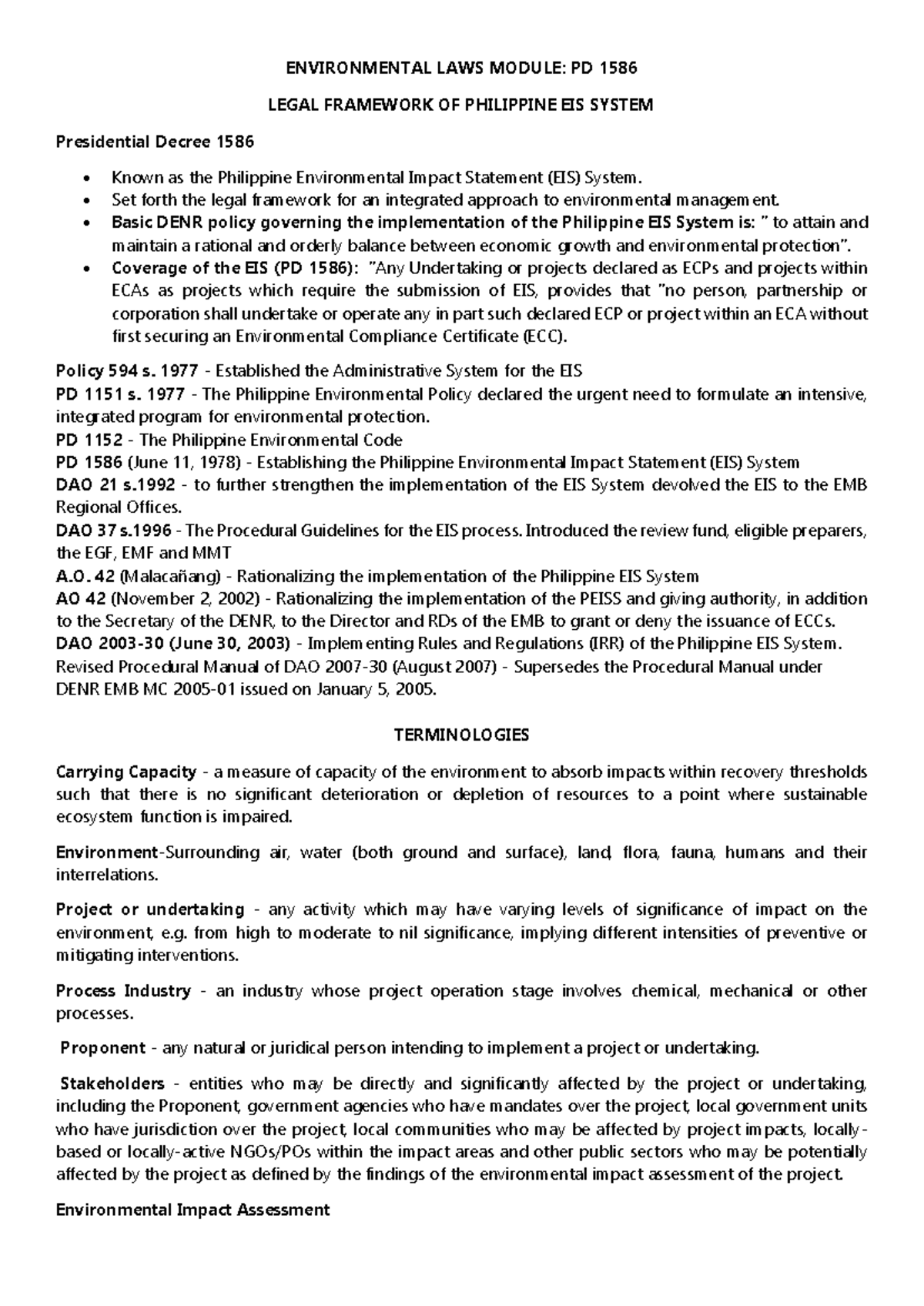 PD 1586 LEGAL FRAMEWORK OF PHILIPPINE EIS SYSTEM - ENVIRONMENTAL LAWS ...