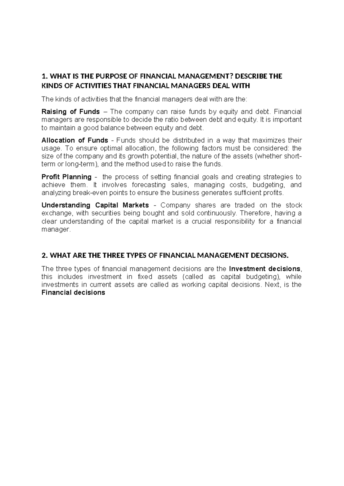 FIN MAN - Introduction - activity - 1. WHAT IS THE PURPOSE OF FINANCIAL ...