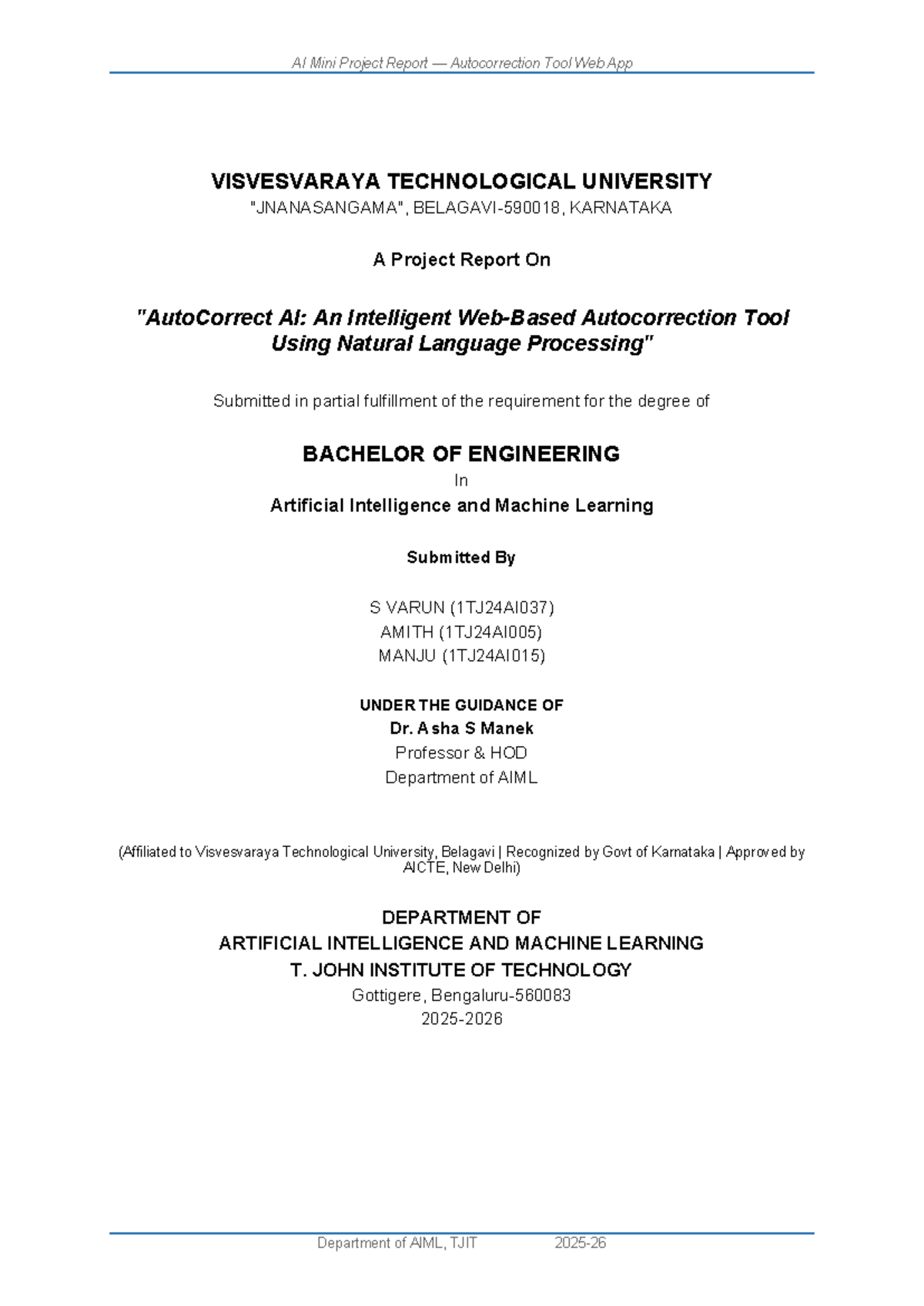 AI Mini Project Report: Intelligent Autocorrection Tool (1TJ24AI) - Studocu