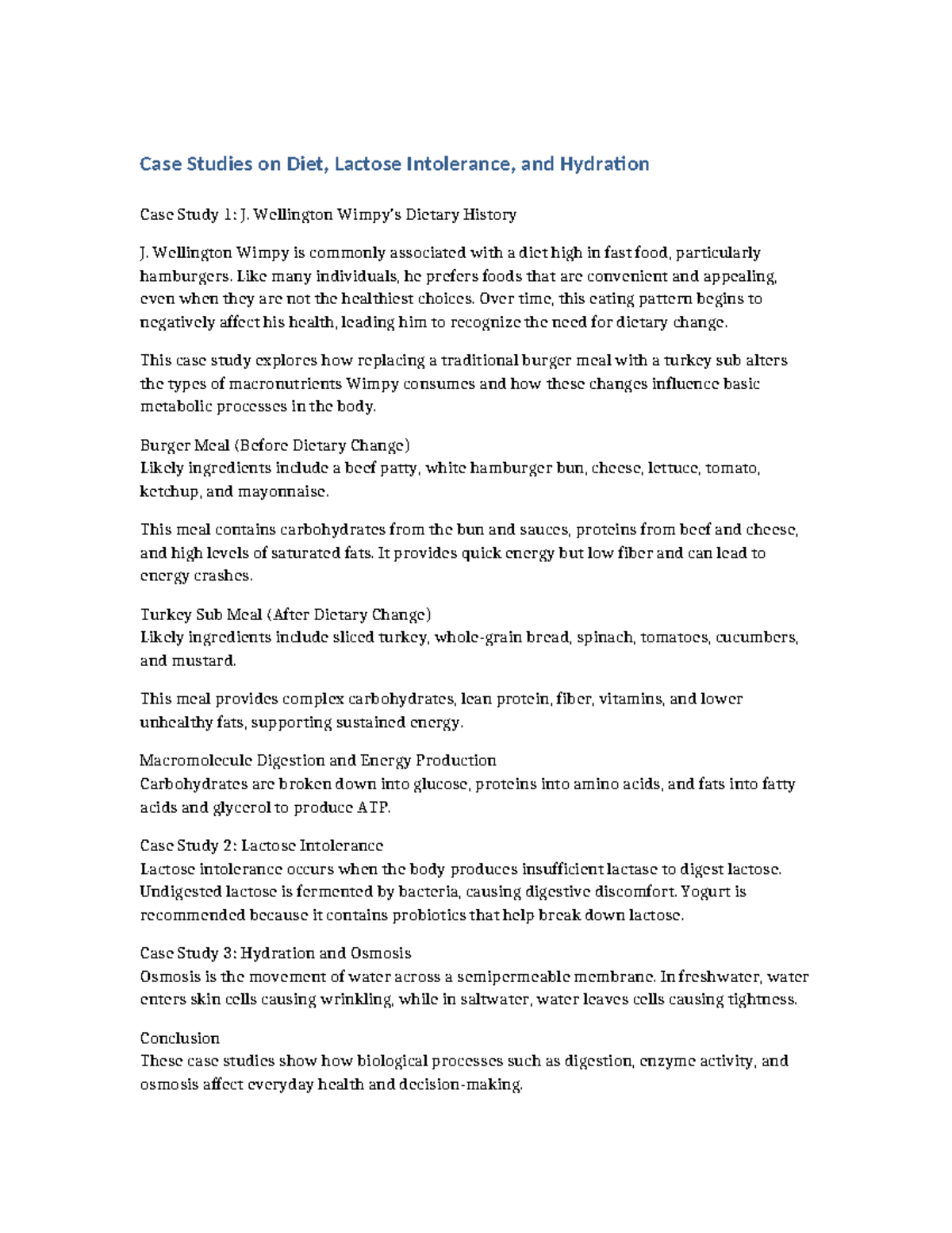 Biology Case Studies 2.7: Diet, Lactose Intolerance & Hydration ...