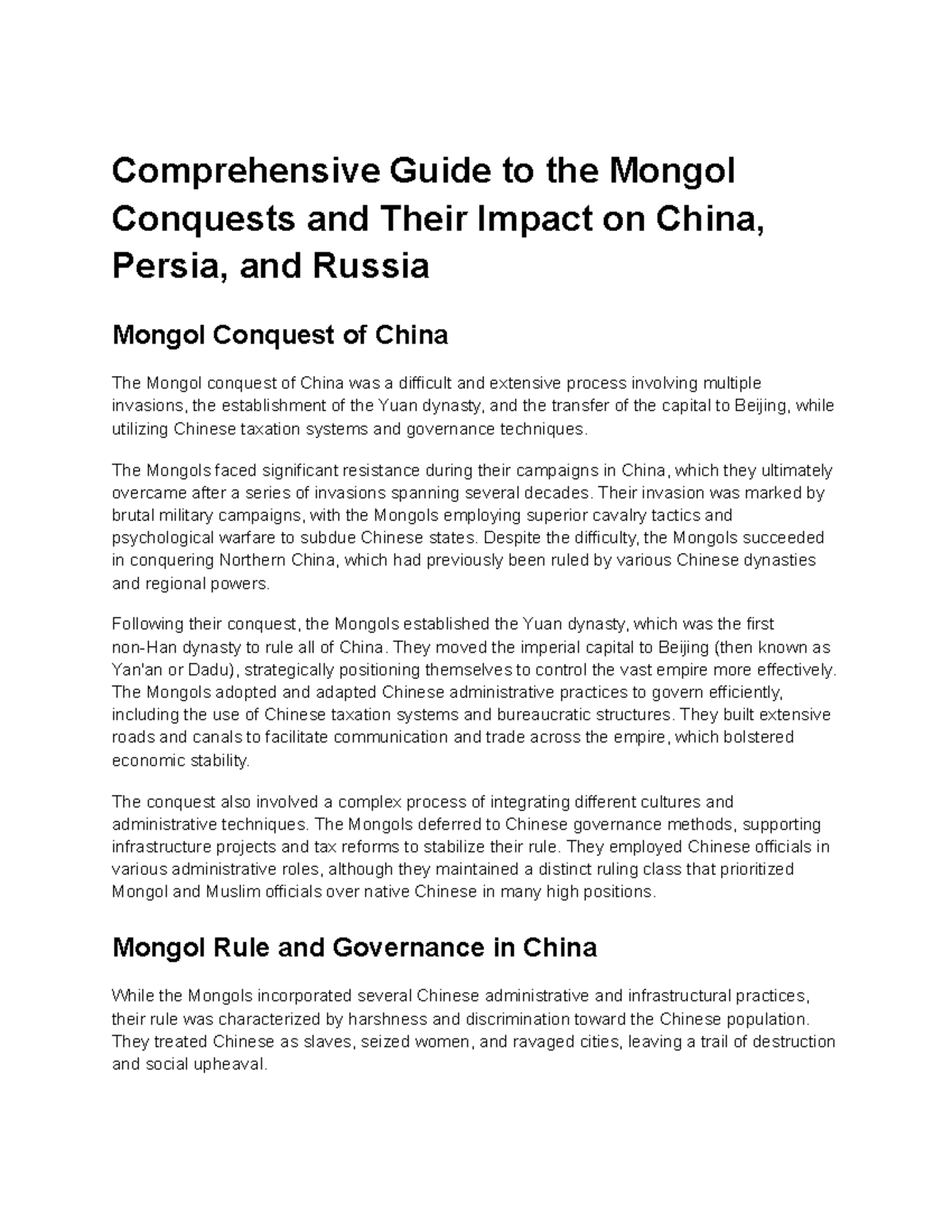 Mongol Conquests and Their Impact on China, Persia, and Russia - Studocu