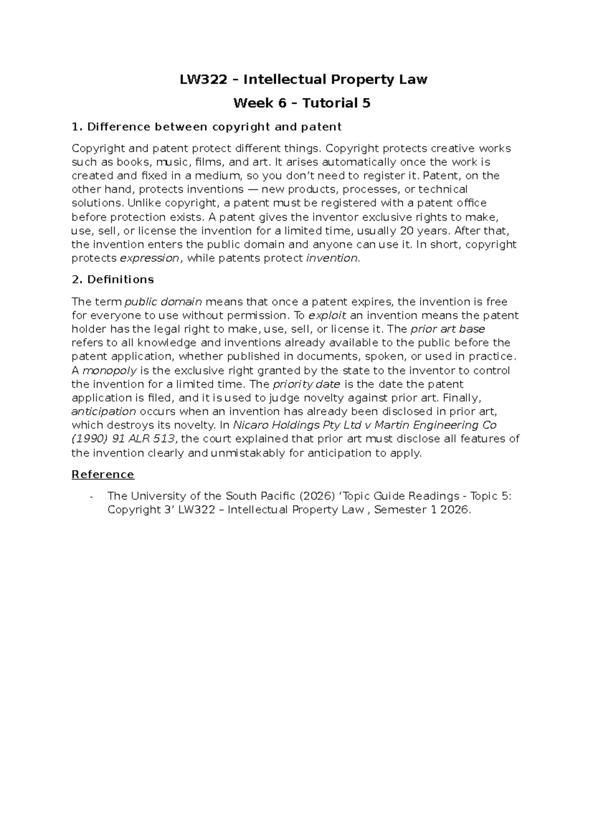 LW322 Intellectual Property Law Week 6 Tutorial: Copyright vs. Patent ...