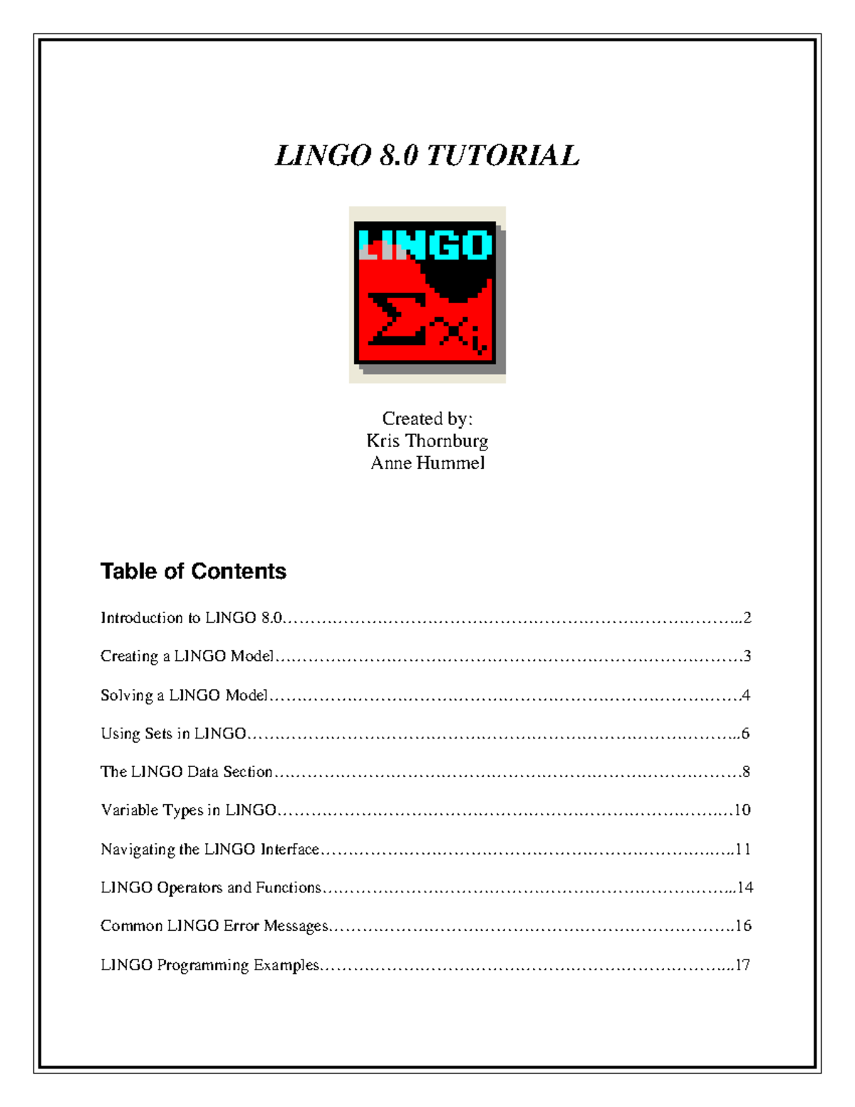 LINGO 8 Software Tutorial: Optimizing Models & Functions - Studocu