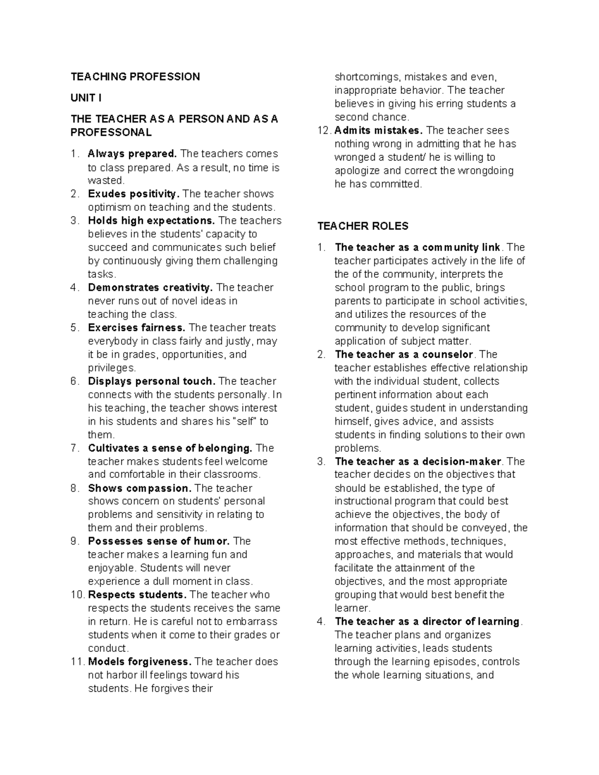 Teaching Profession Notes (R) - Key Roles and Attributes of Teachers ...