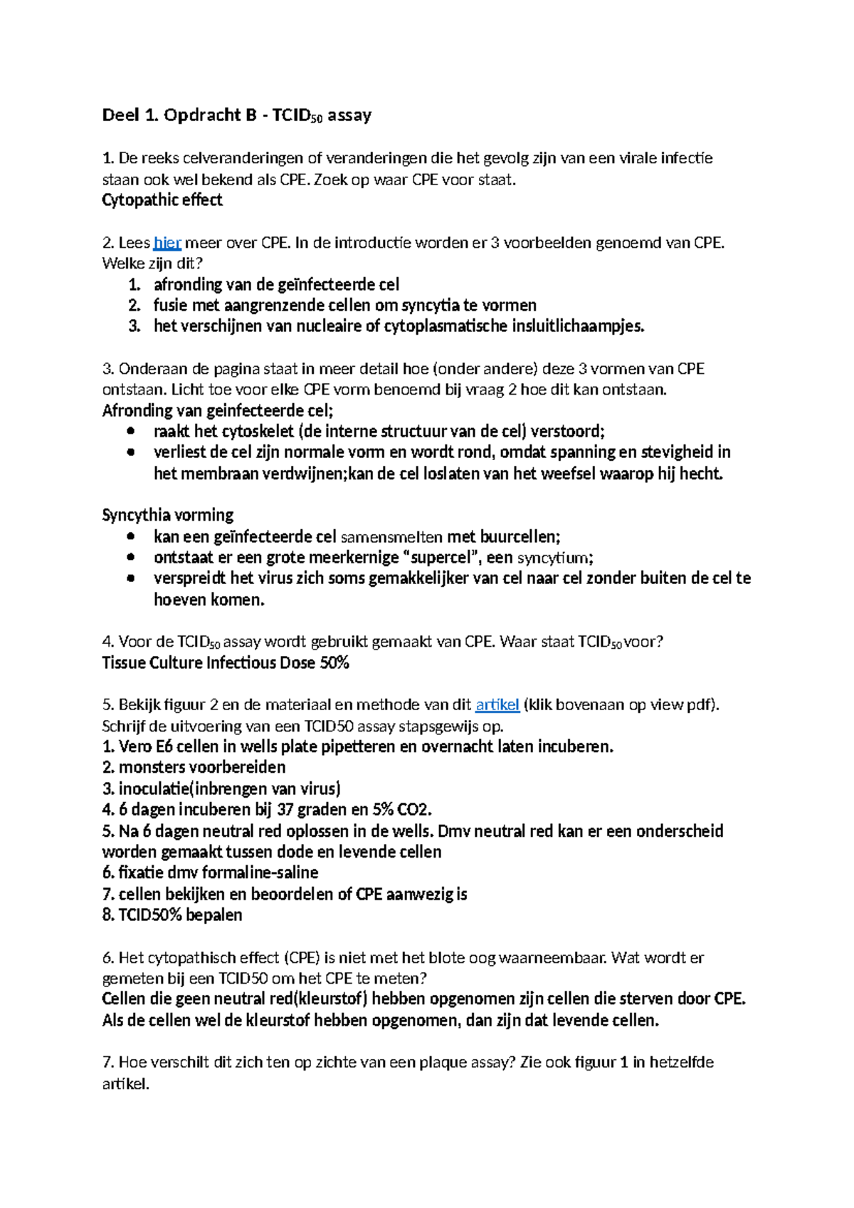 VIR WC1 Deel 1 & 2 - Antwoorden op Opdrachten over TCID50 Assay en CPE ...