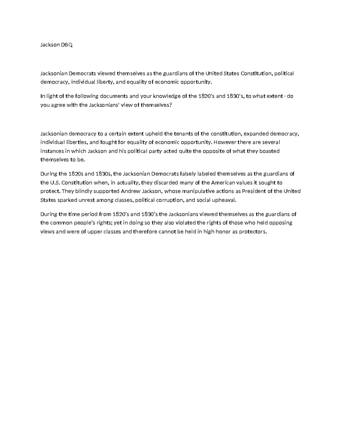 Jackson dbq - Jackson DBQ Jacksonian Democrats viewed themselves as the ...