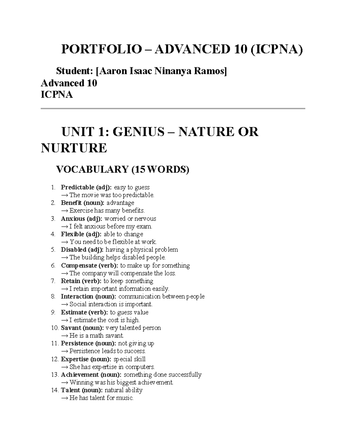 Portfolio Advanced 10 (ICPNA): Vocabulary & Reflections on Success and ...