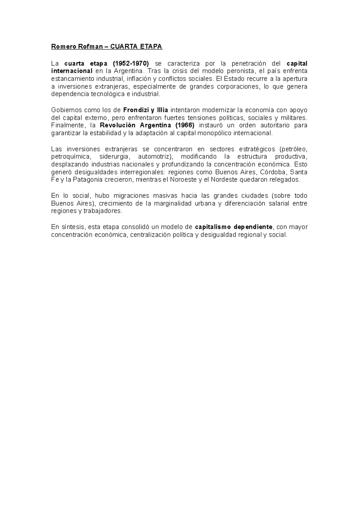 Romero Rofman - Resumen de la Cuarta Etapa en Argentina - Studocu