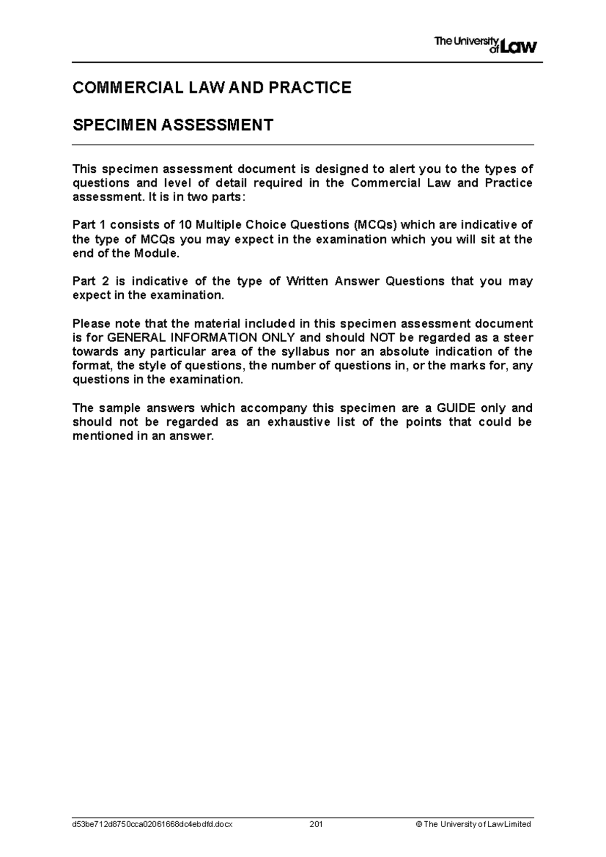 COMMERCIAL LAW AND PRACTICE CE01 SPECIMEN ASSESSMENT GUIDE - Studocu
