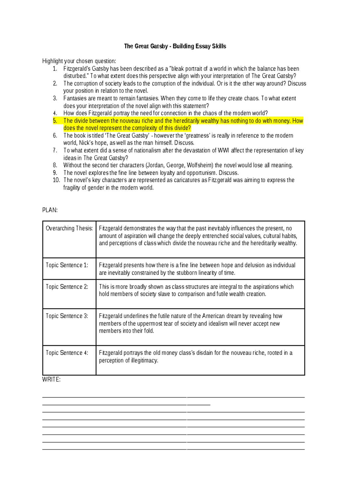 ENG 201 - The Great Gatsby: Essay Questions and Key Themes Analysis ...