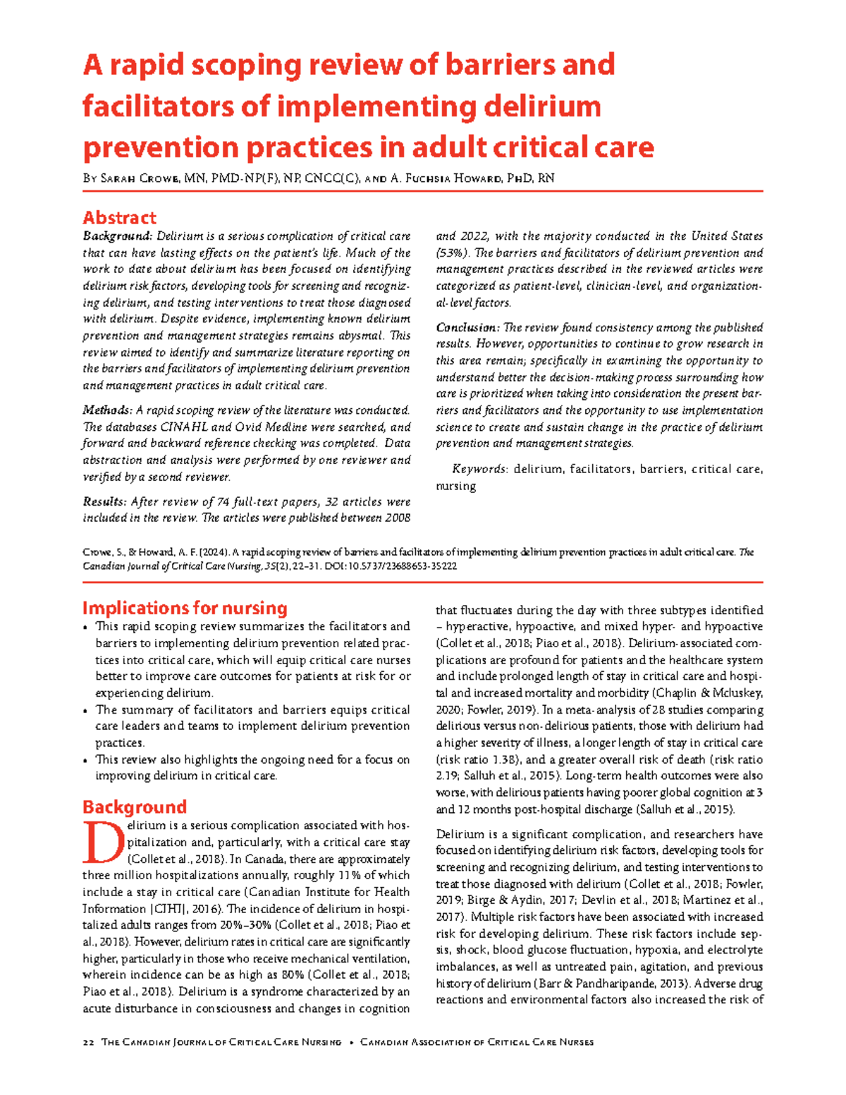 Barriers and Facilitators in Delirium Prevention: A Scoping Review ...