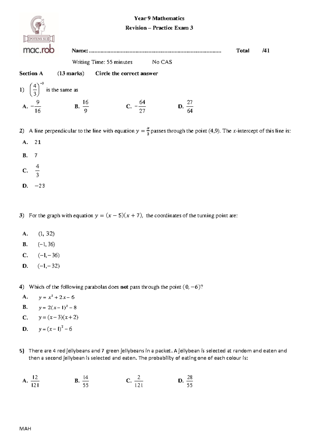 Year 9 Mathematics Practice Exam 3 - Revision Questions - Studocu