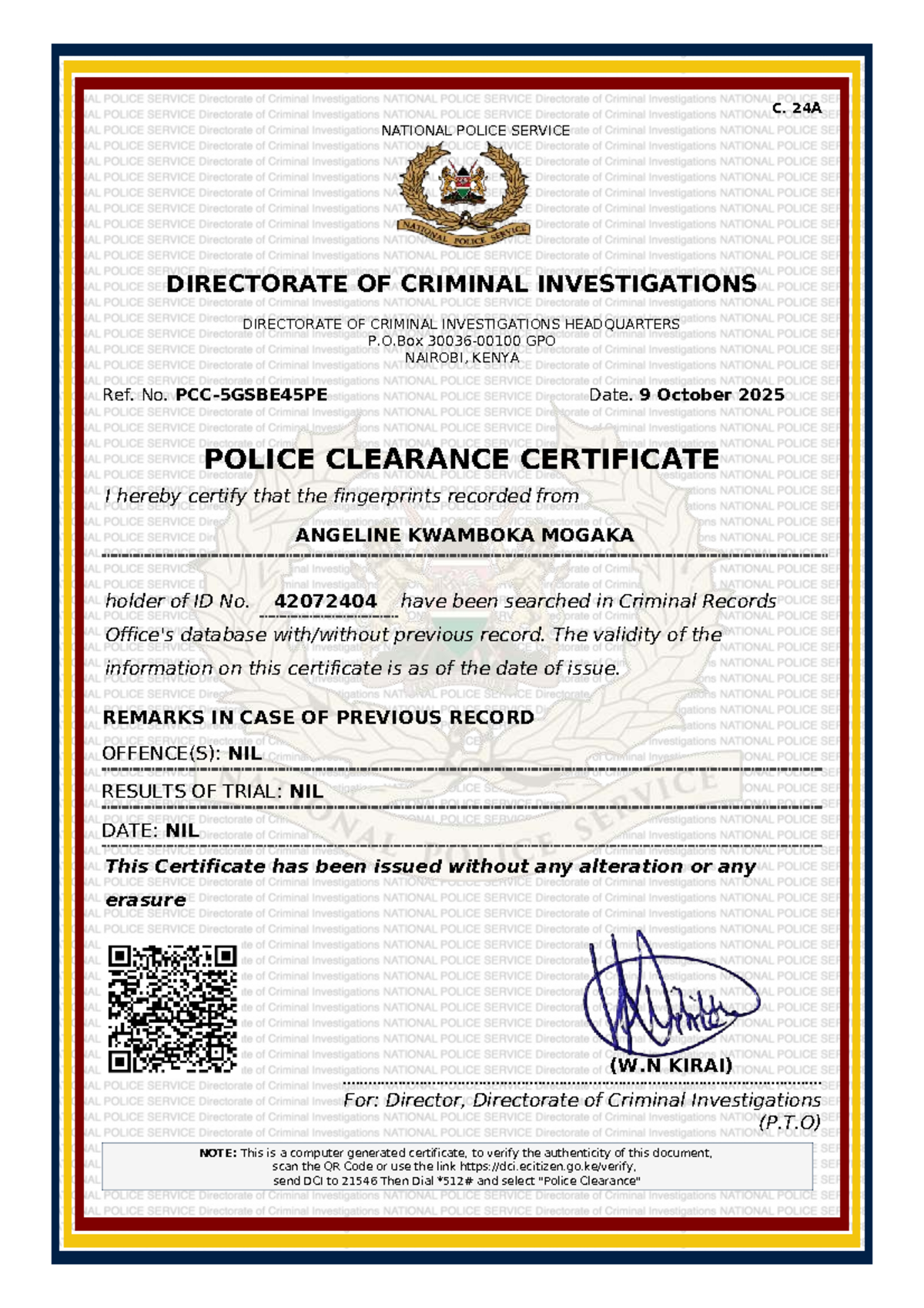 Certificate of Good Conduct - DCI Clearance for Angeline Kwamboka - Studocu