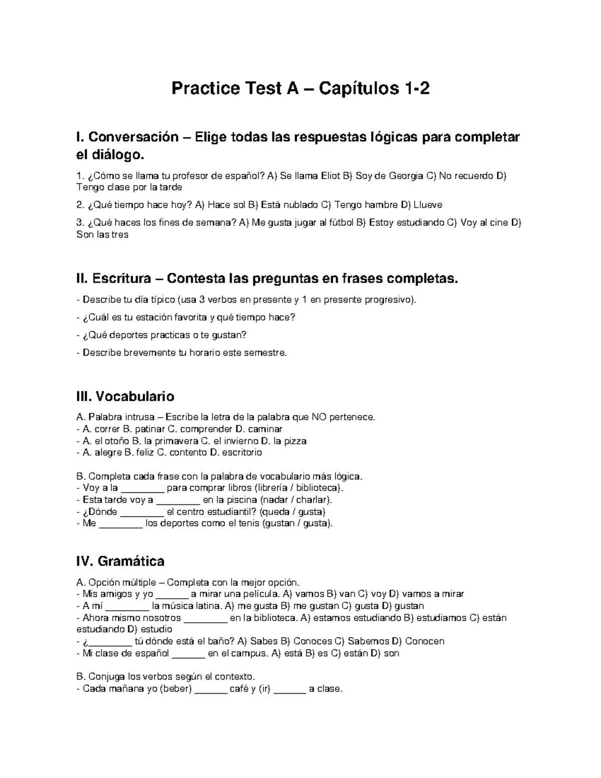 Prueba de Práctica A: Conversación, Escritura y Gramática - Studocu