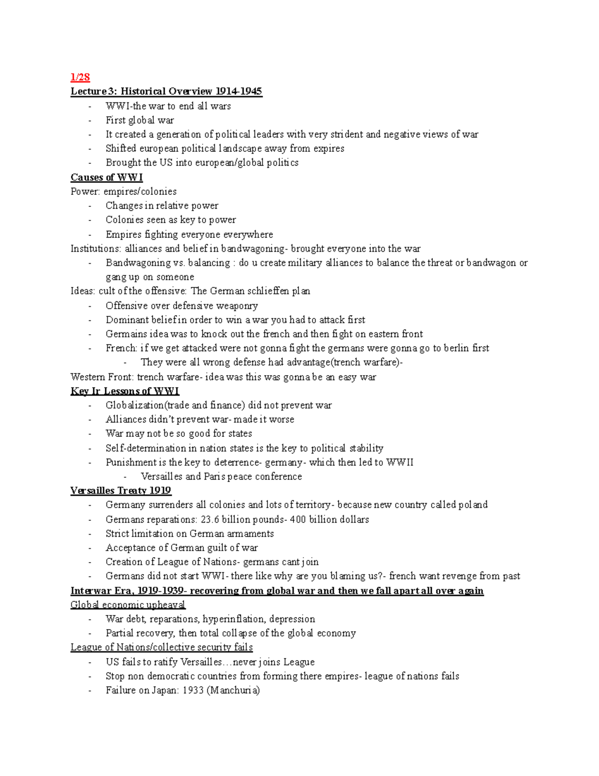 Poli Sci 140 Lecture Notes: WWI Historical Overview and Aftermath - Studocu
