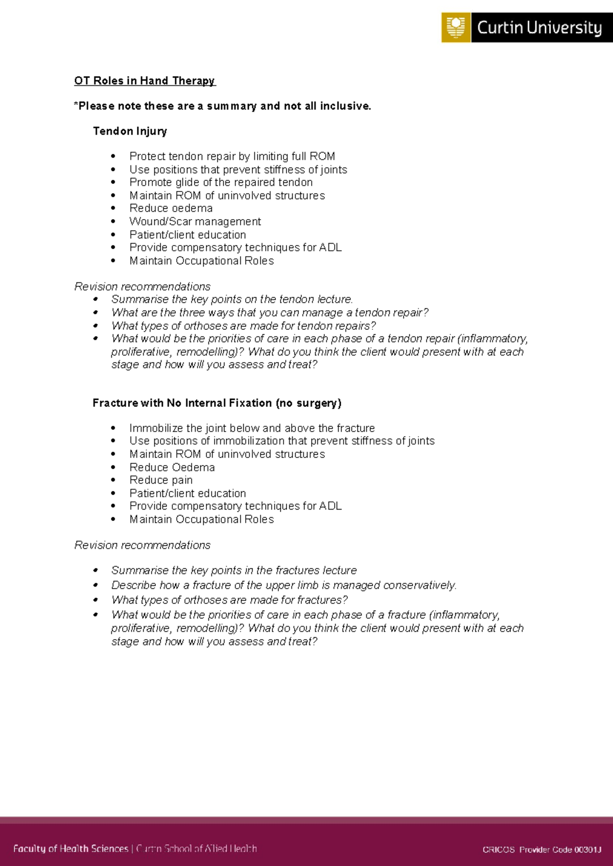OT Roles in Hand Therapy: Summary & Case Study Prep - Studocu