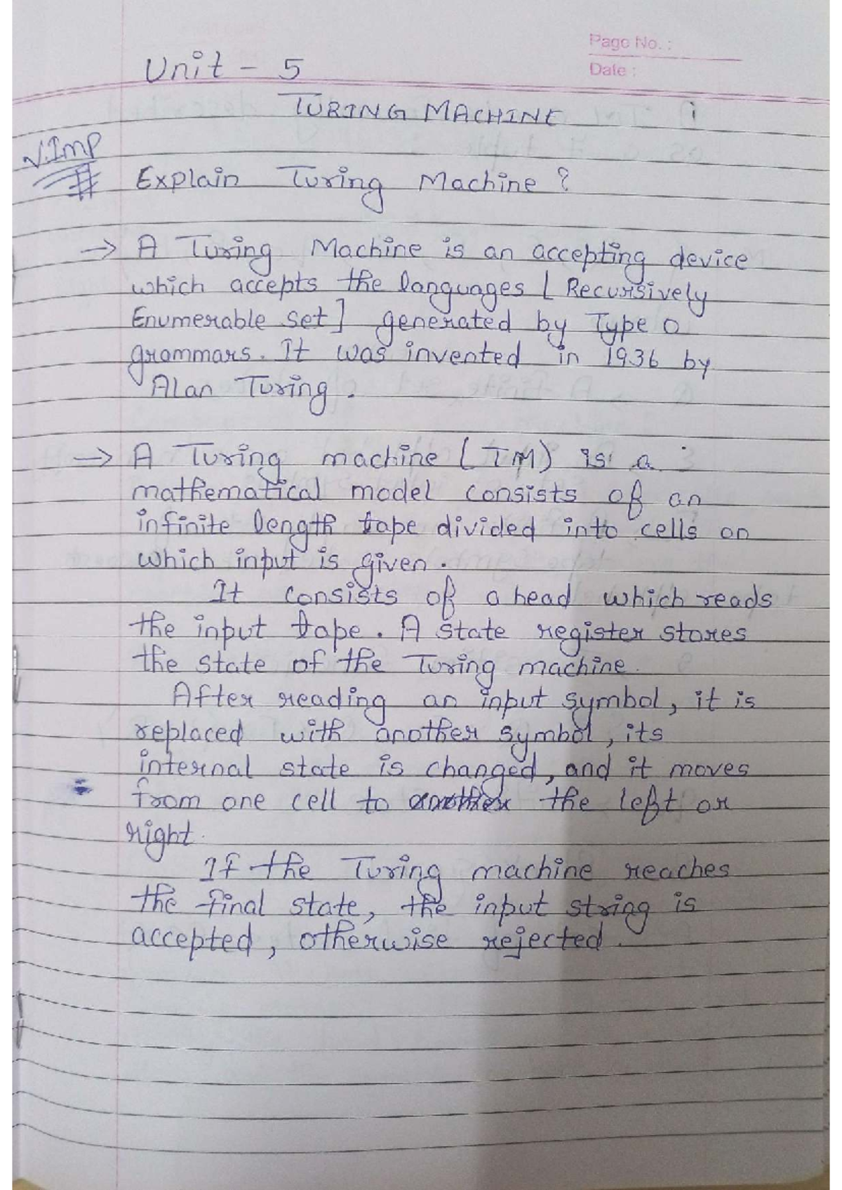 UNIT 5: Turing Machine VIMP Notes and Concepts - Studocu