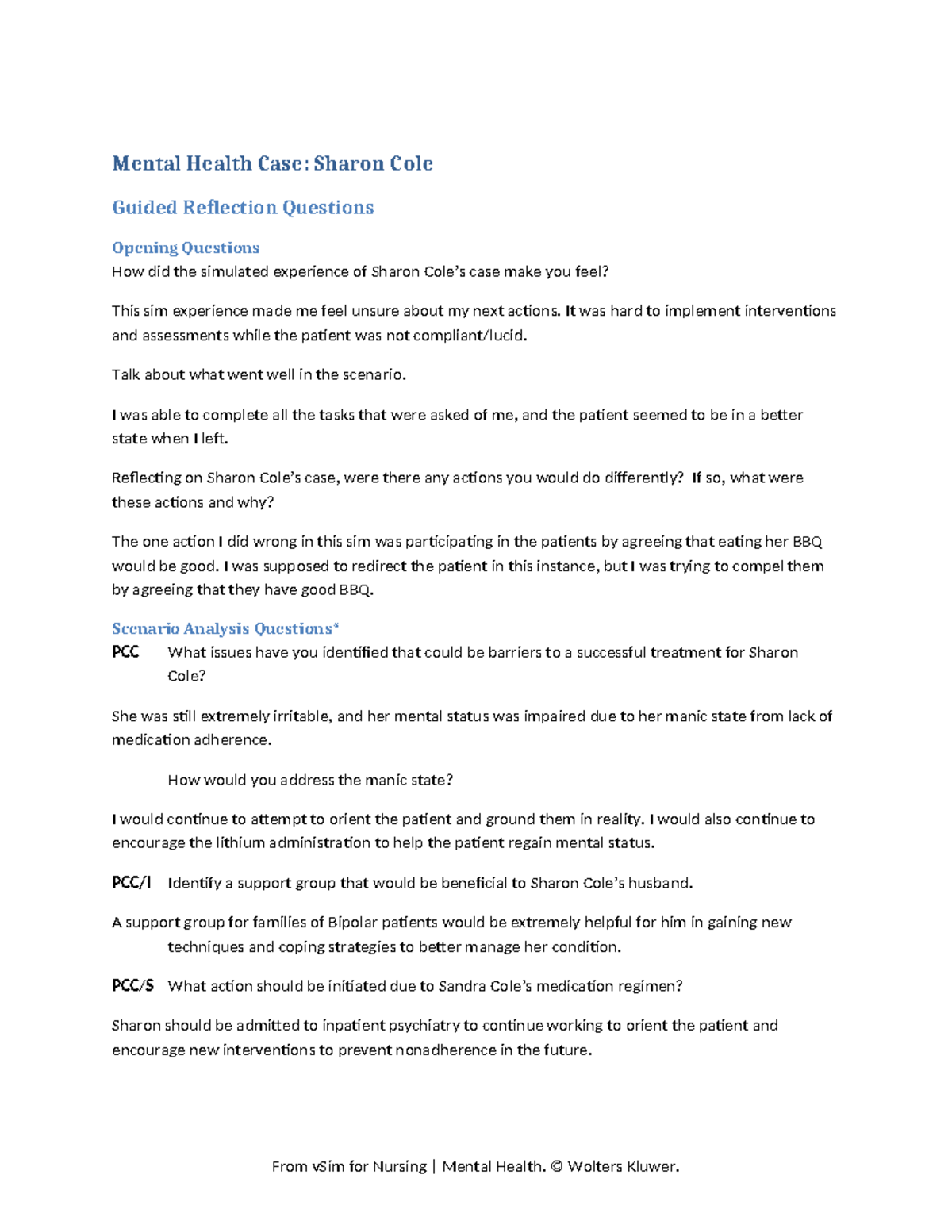 Mental Health Case Study: Sharon Cole GRQ Reflection & Analysis - Studocu
