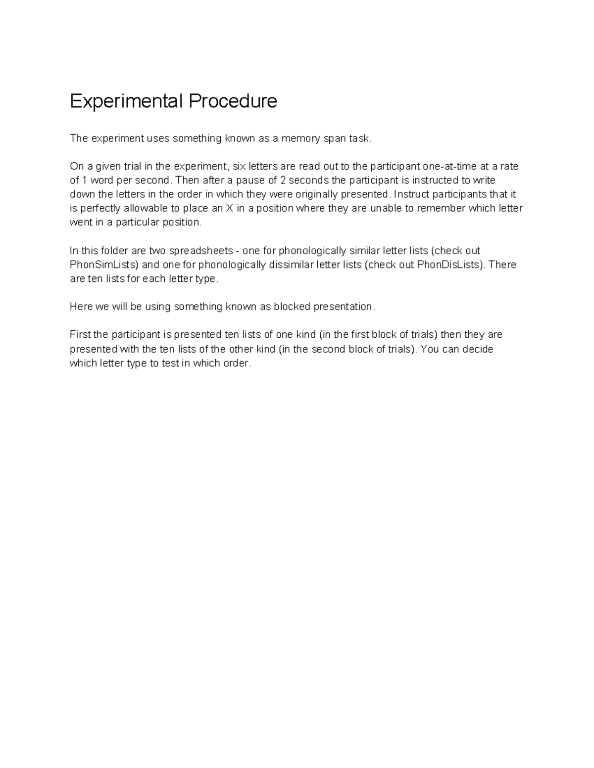 Experimental Procedure for Memory Span Task (Instructions-Phon Sim ...