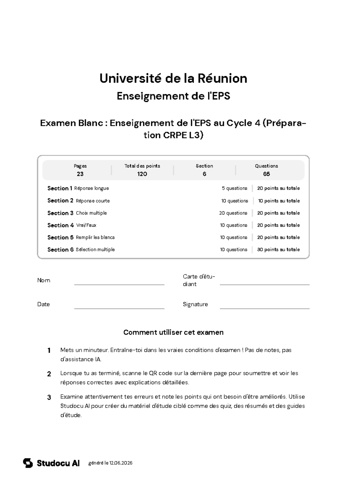 Examen Blanc : Enseignement de l'EPS au Cycle 4 - Studocu