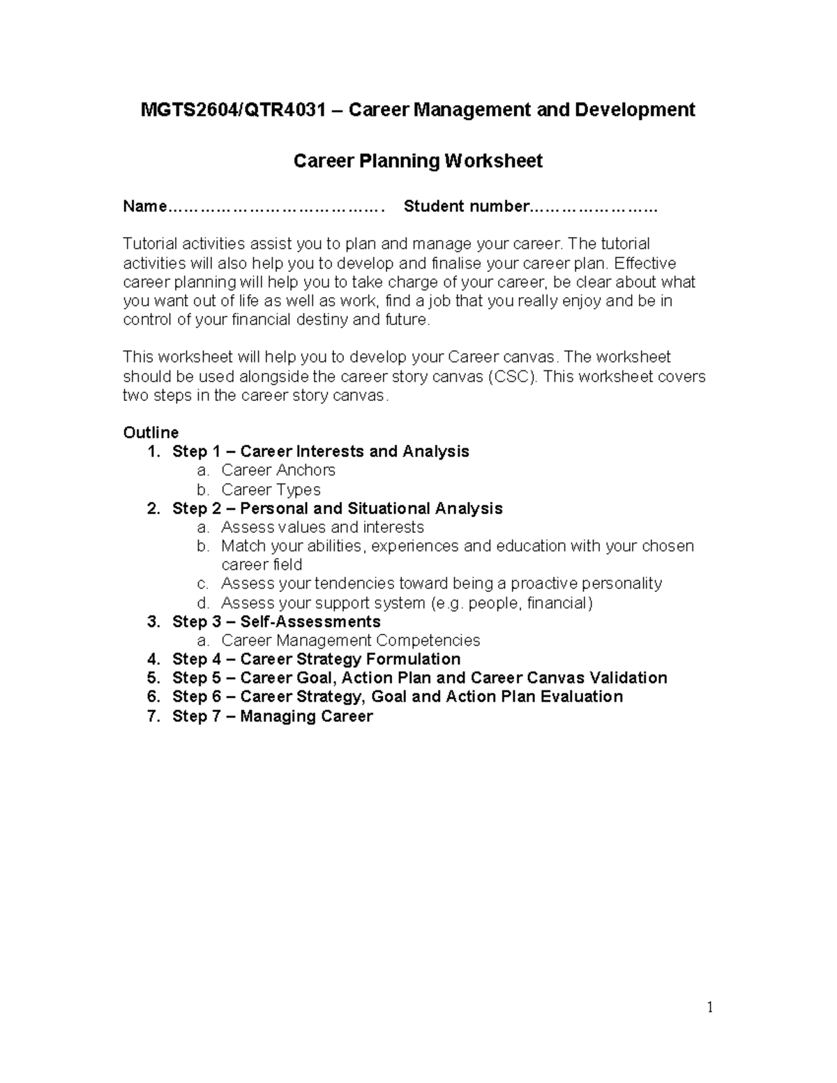 Career Management & Development: Career Planning Worksheet Guide - Studocu