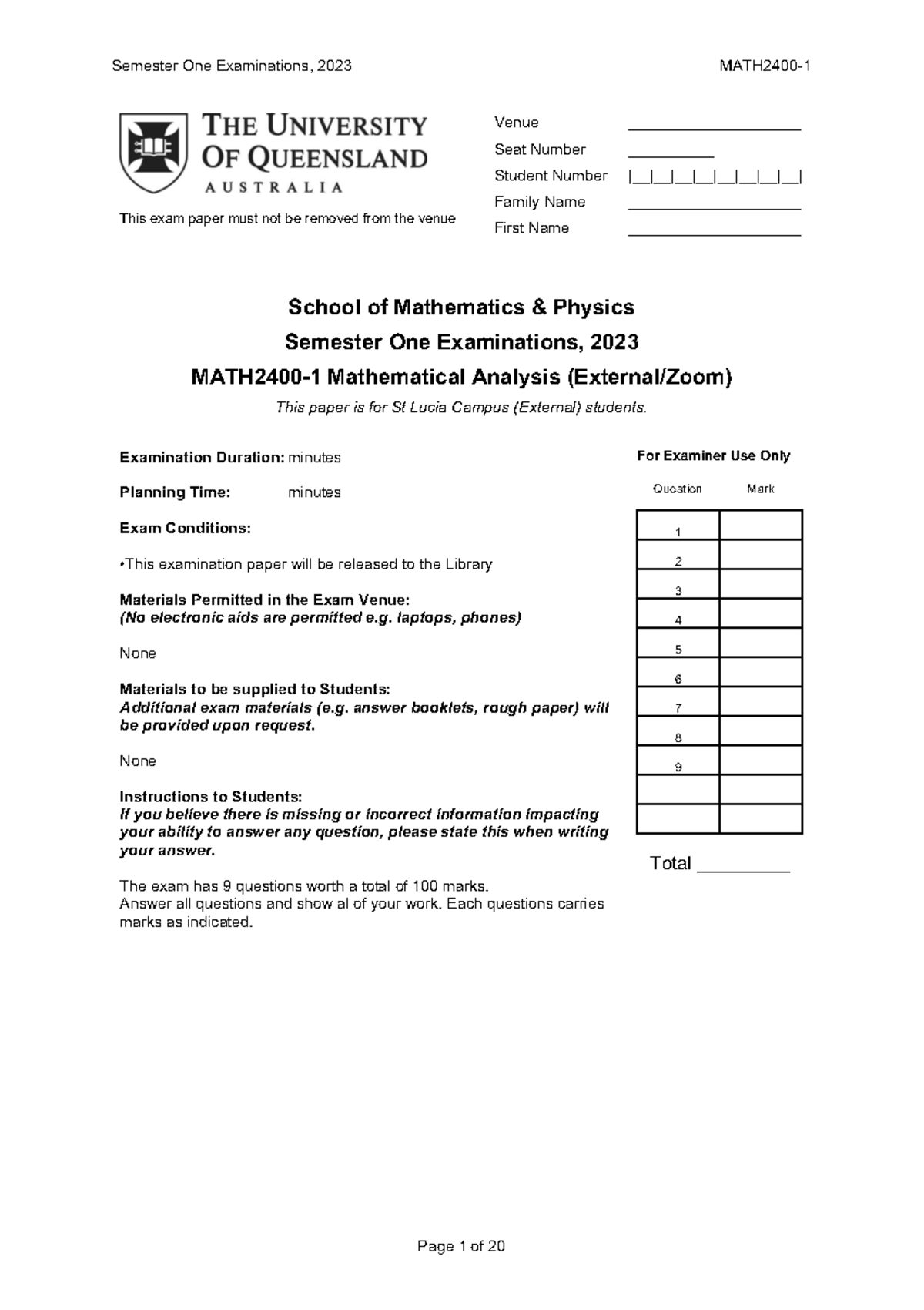Final Exam MATH2400: Semester One Examinations, 2023 - Mathematical ...