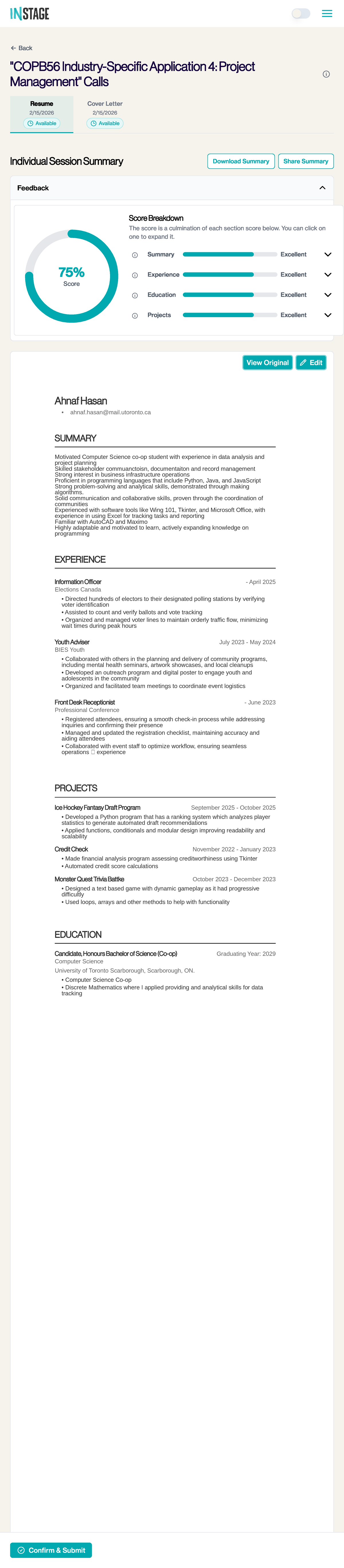 Back Application 4: Project Calls Resume & Cover Letter Summary - Studocu