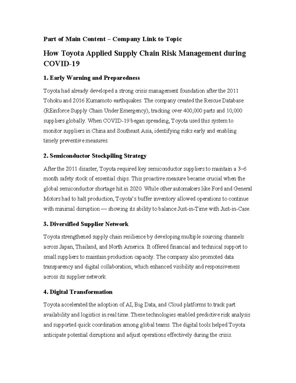 Toyota Supply Chain Risk Management Strategies: Lessons Learned - Studocu