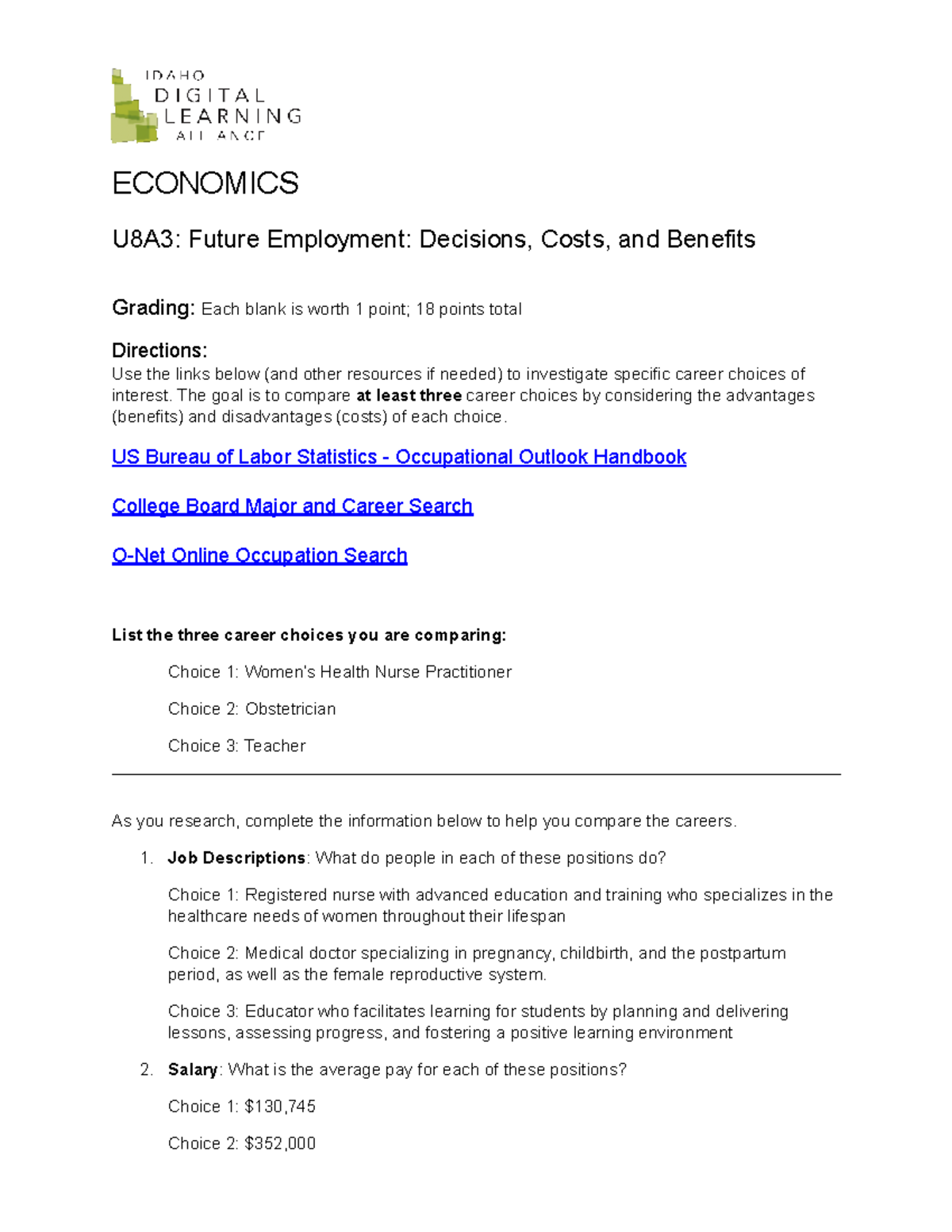 ECONOMICS U8A3: Career Choices Analysis - Costs & Benefits - Studocu