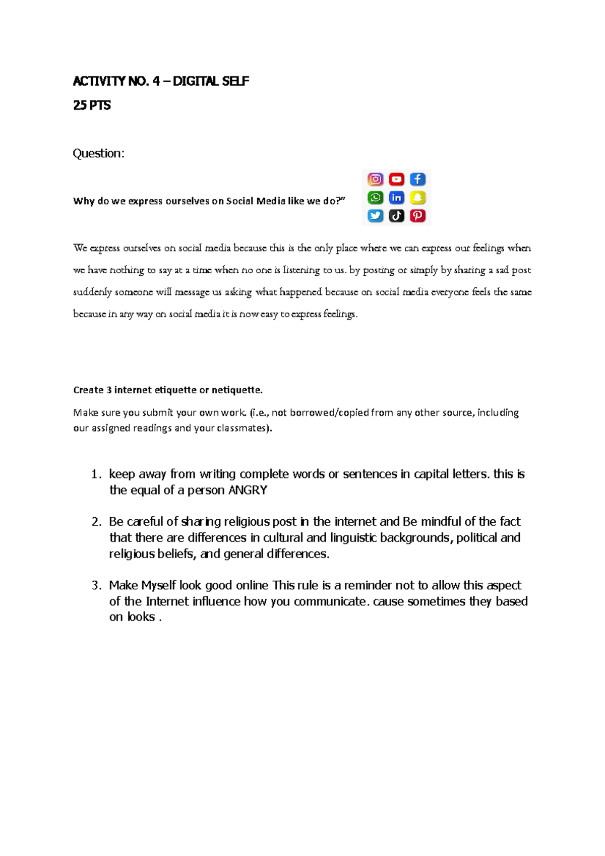 Activity NO 4 - Digital SELF - ACTIVITY NO. 4 – DIGITAL SELF 25 PTS ...