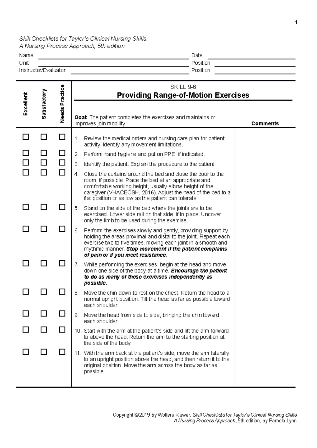 Skill 9-6 Providing ROM Exercises - Skill Checklists for Taylor’s ...