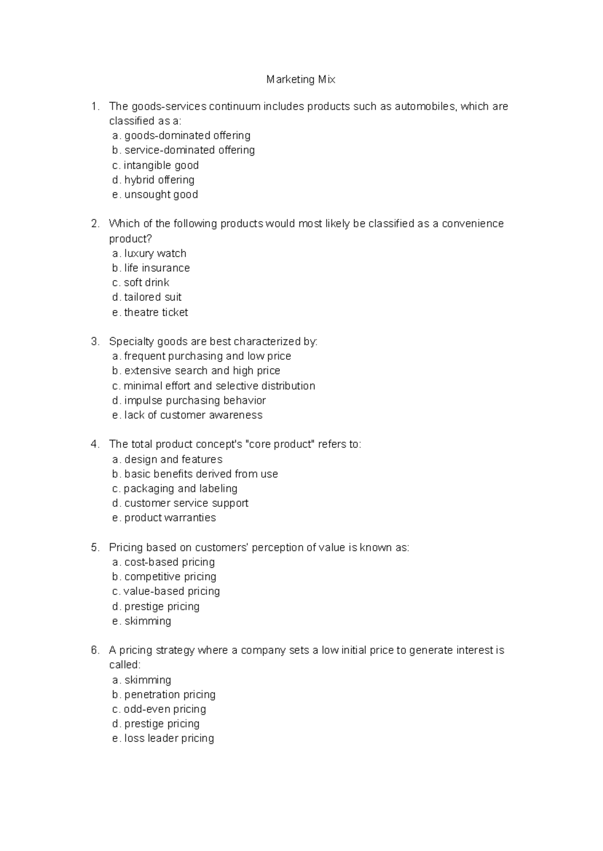 Marketing Mix - Practice Questions for Exam Preparation - Studocu