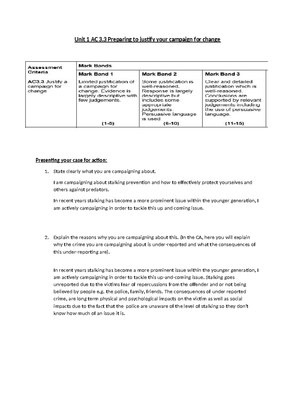 Unit 1 AC 3.3 Justifying Your Campaign for Stalking Prevention - Studocu