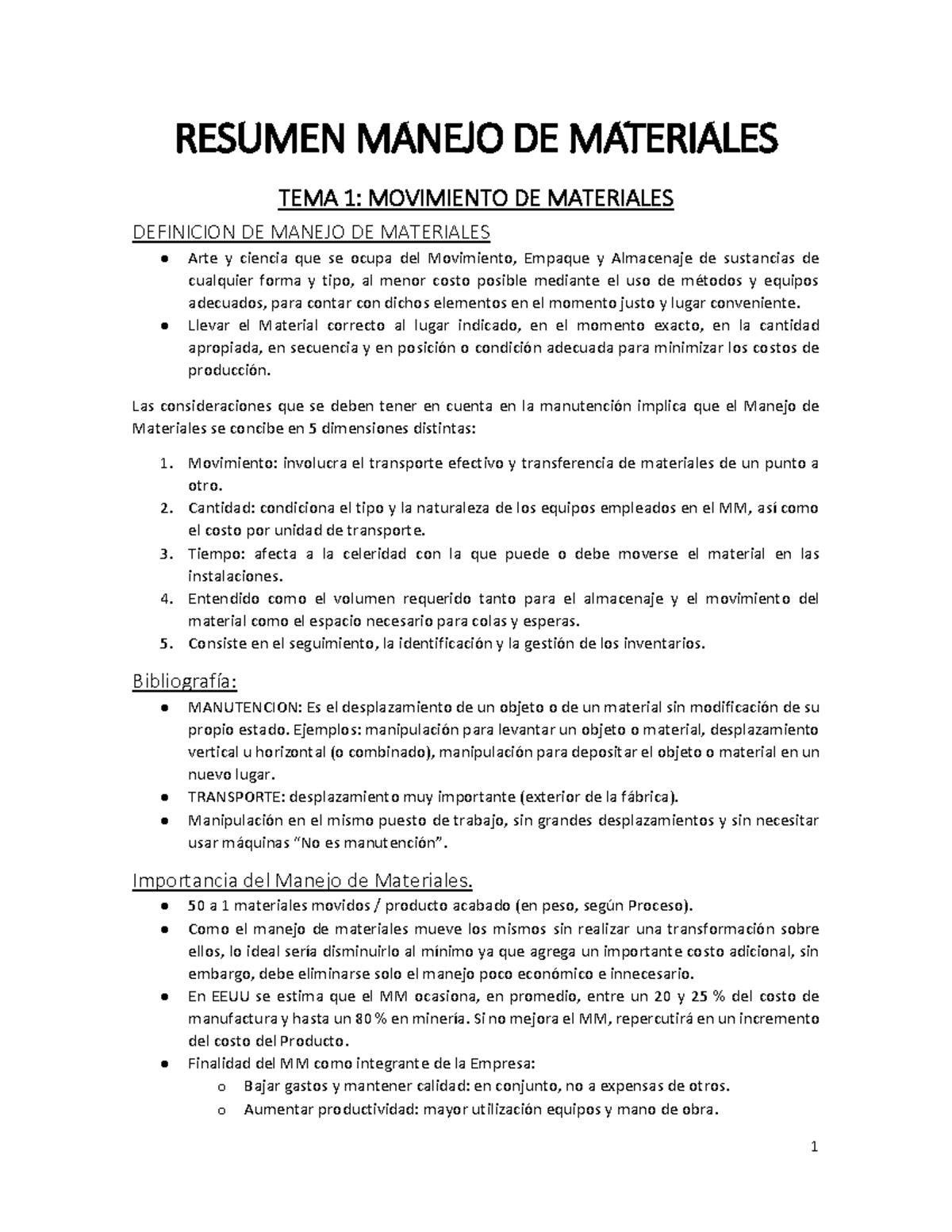Resumen 1er P manejo de materiales - RESUMEN MANEJO DE MATERIALES TEMA 1: MOVIMIENTO DE ...