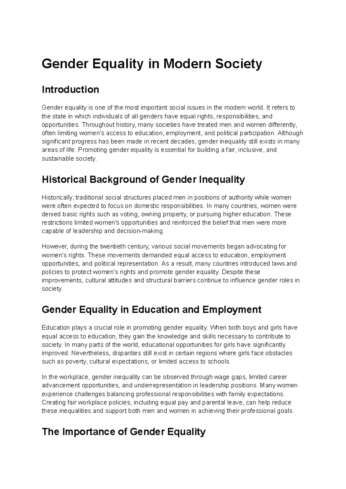 Gender Equality in Modern Society: A Comprehensive Overview - Studocu