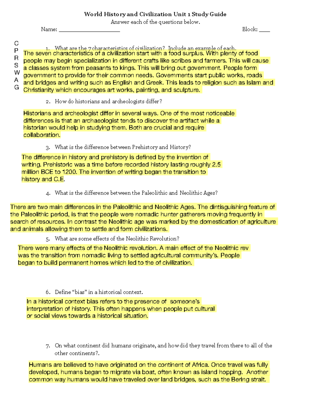 Unit 1 Study Guide - World History and Civilization Unit 1 Study Guide ...