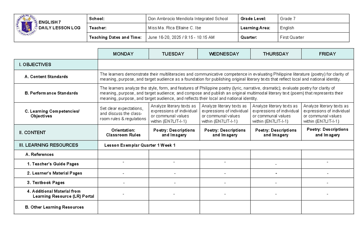 ENGLISH 7 DAILY LESSON LOG: Quarter 1 Week 1 Overview - Studocu