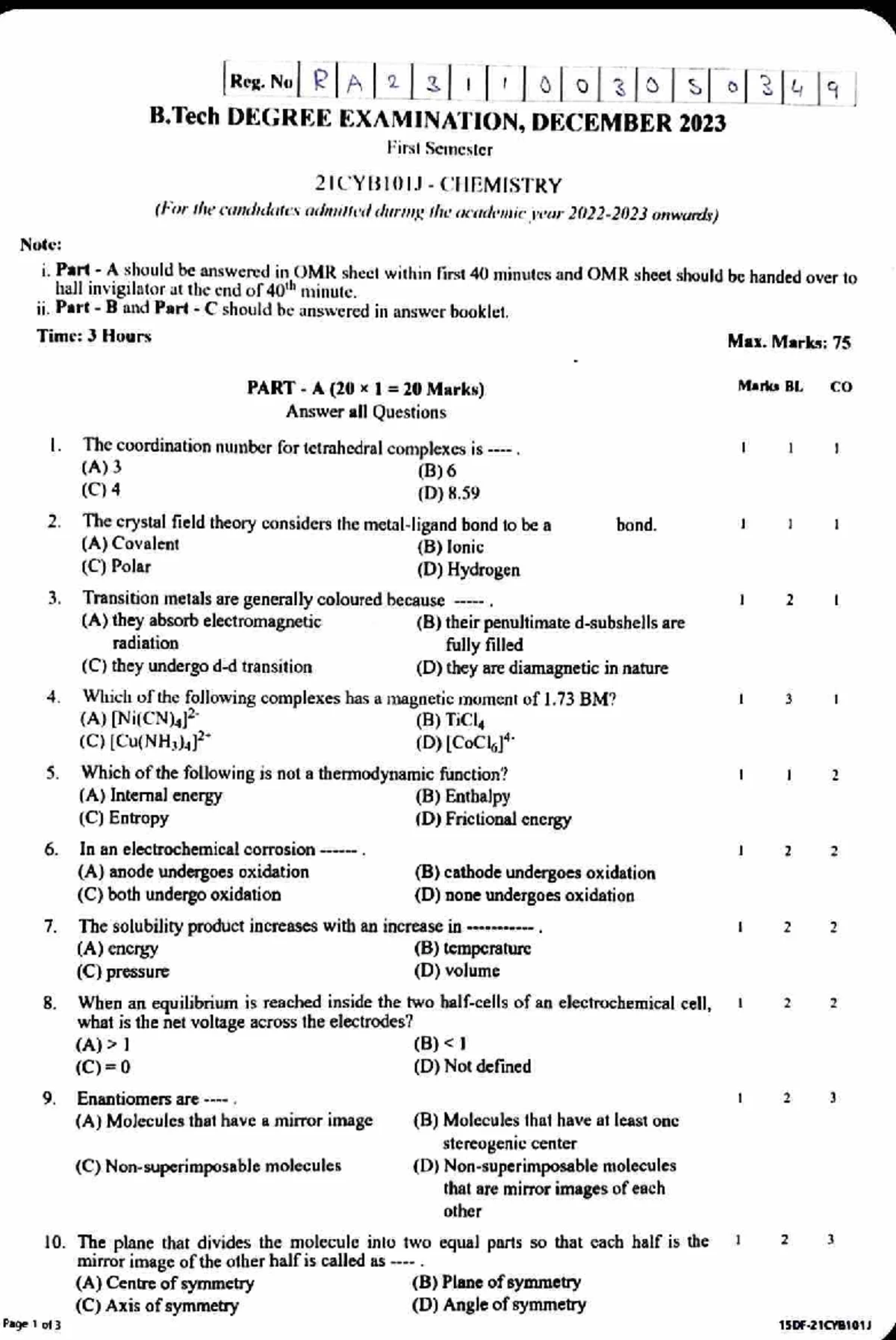 Chemistry sem - 1st semester - Reg. No RA2311003050349 B DEGREE ...