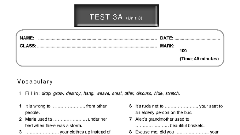 Smart Time 2 TEST 3A (Unit 3) Vocabulary, Grammar, Reading & Listening ...