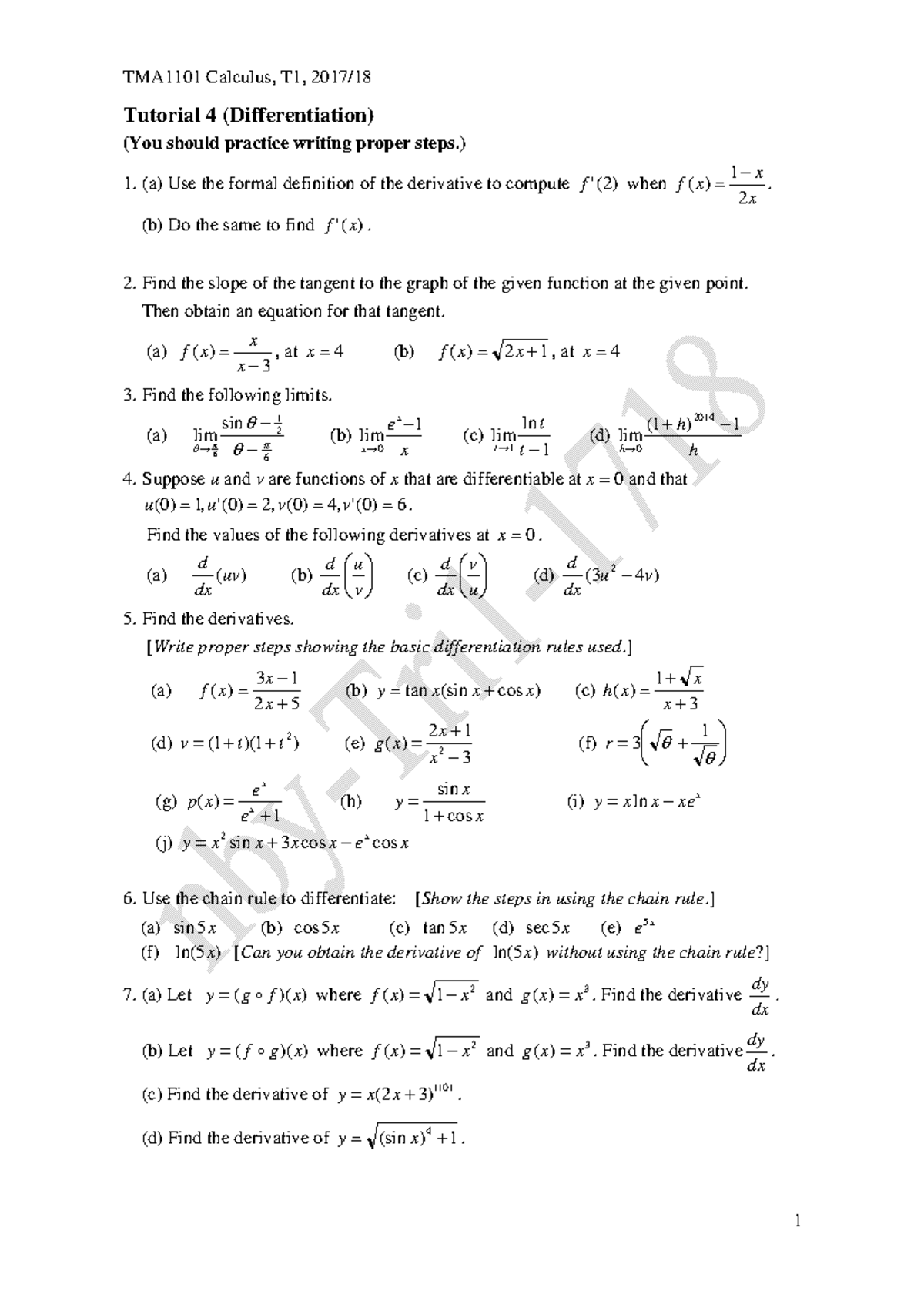 TMA1101 Tutorial 04- Differentiation - TMA1101 Calculus, T1, 2017/ 1 Tutorial 4 (Differentiation ...