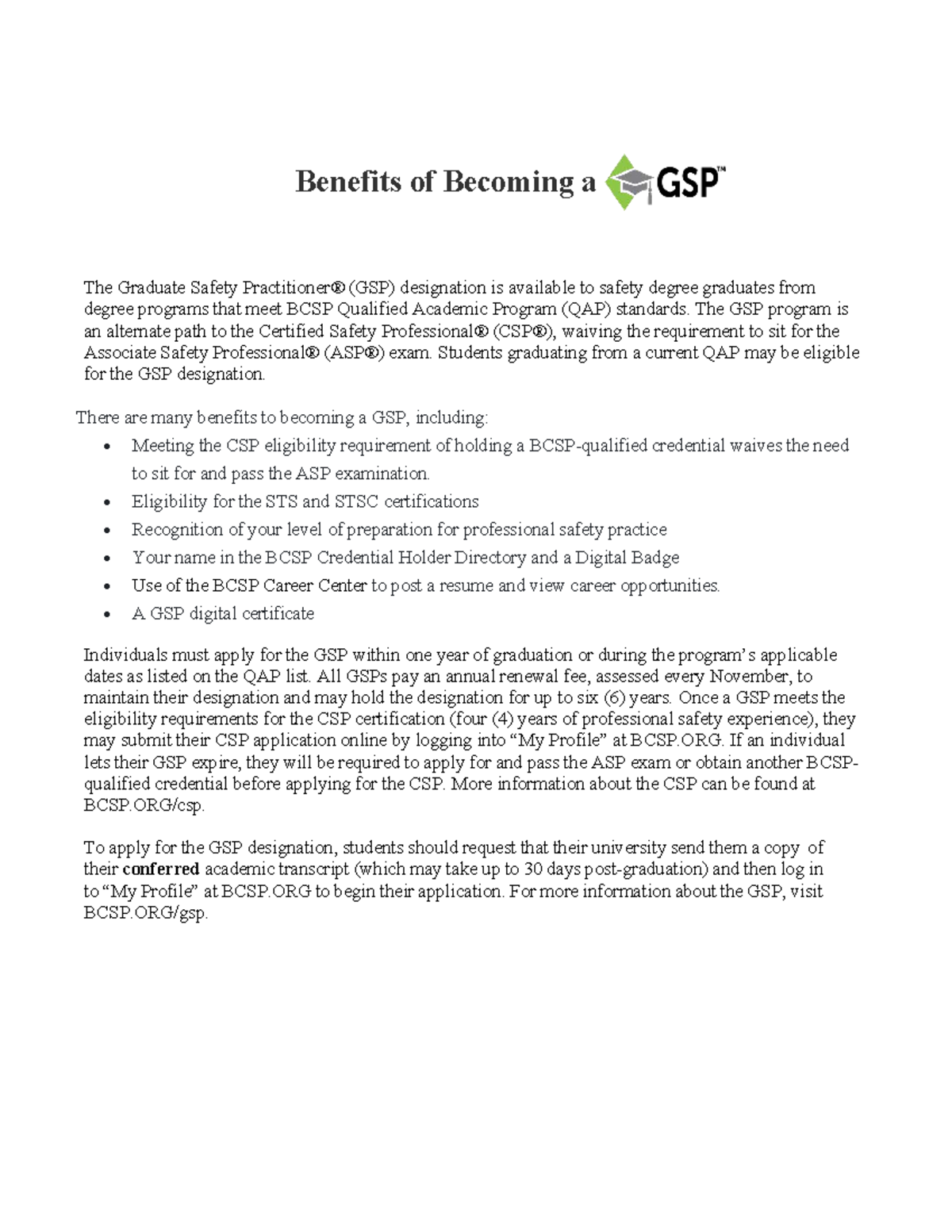 Benefits of Obtaining the GSP Designation for Safety Graduates - Studocu