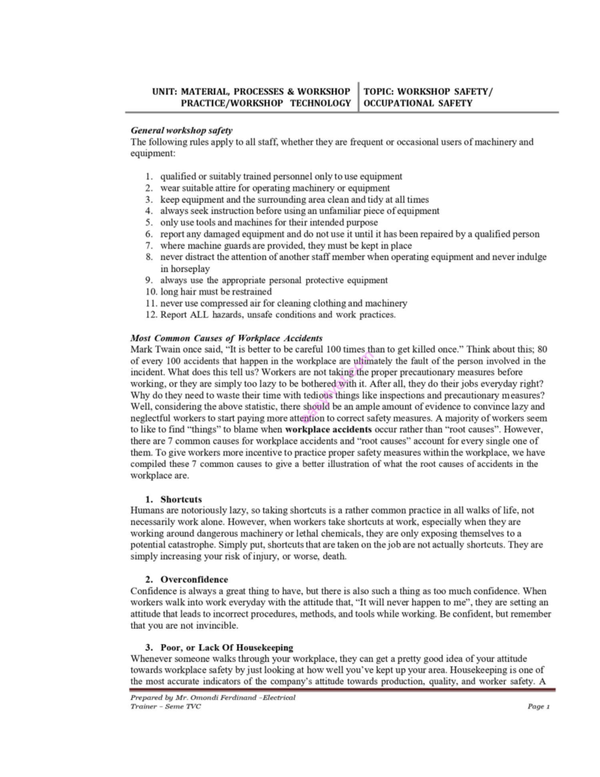 MATERIALS & PROCESSES WORKSHOP: OCCUPATIONAL SAFETY GUIDELINES - Studocu