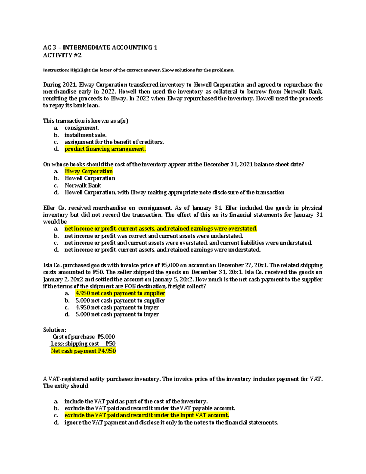 AC 3 INTERMEDIATE ACCOUNTING 1 ACTIVITY: Inventory Transactions ...