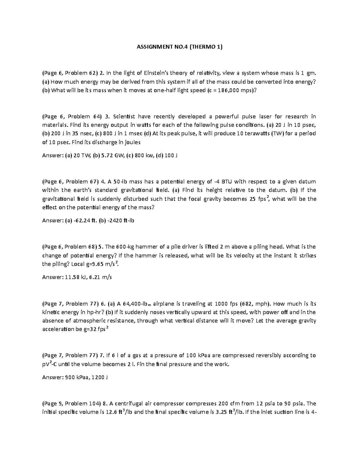 Thermo 1 Assignment 4 Solutions: Energy and Potential Calculations - Studocu