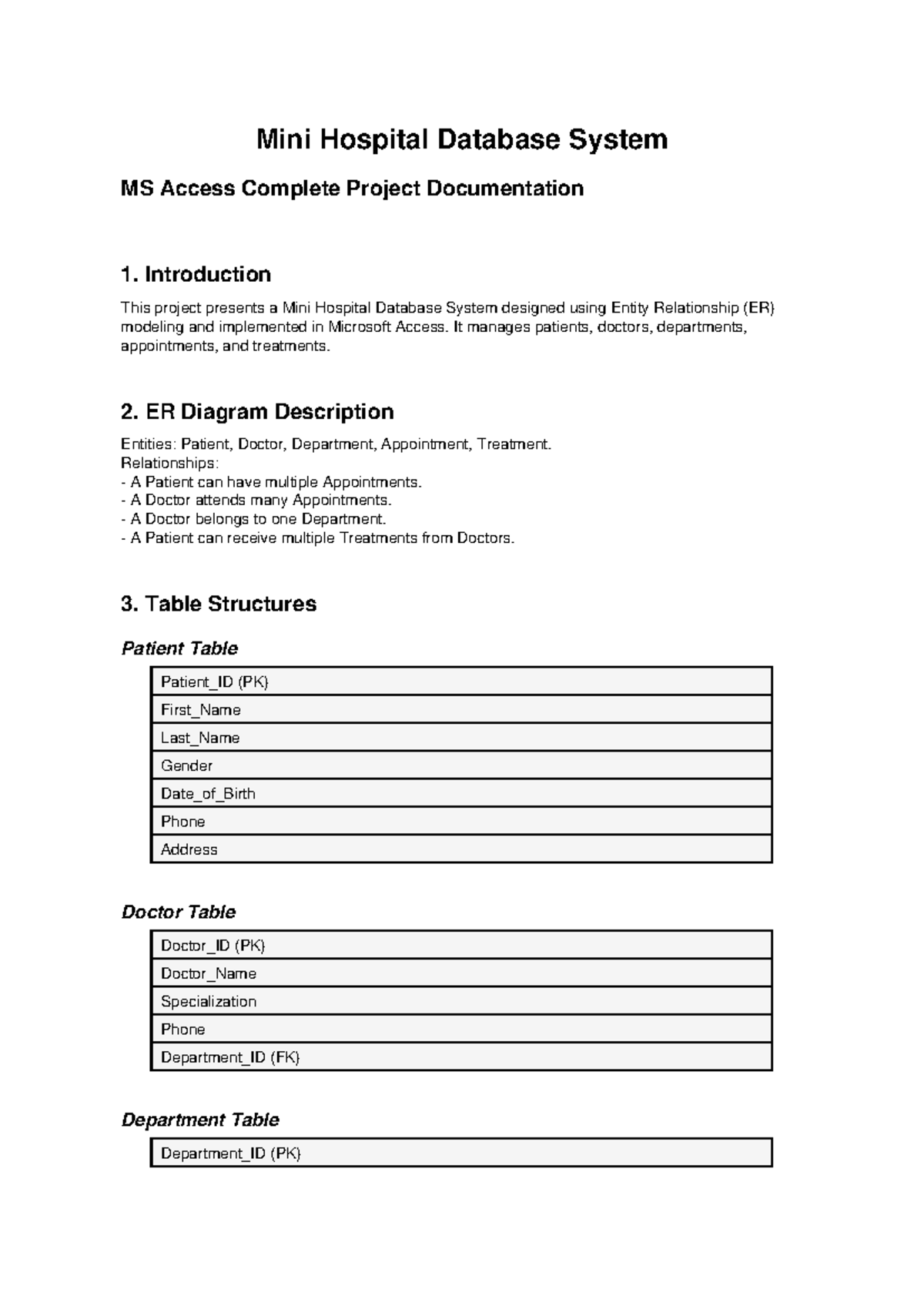 Mini Hospital Database System MS Access Project Documentation - Studocu