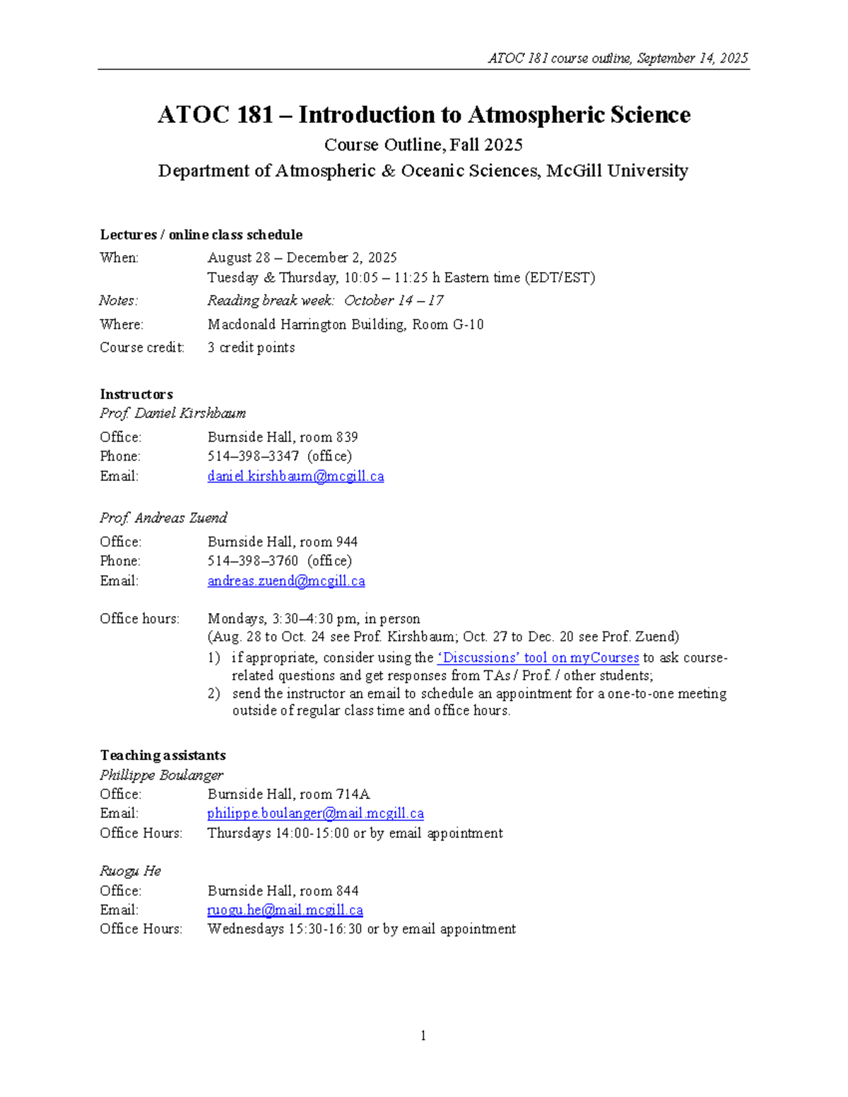 ATOC 181 Course Outline: Introduction to Atmospheric Science, Fall 2025 - Studocu