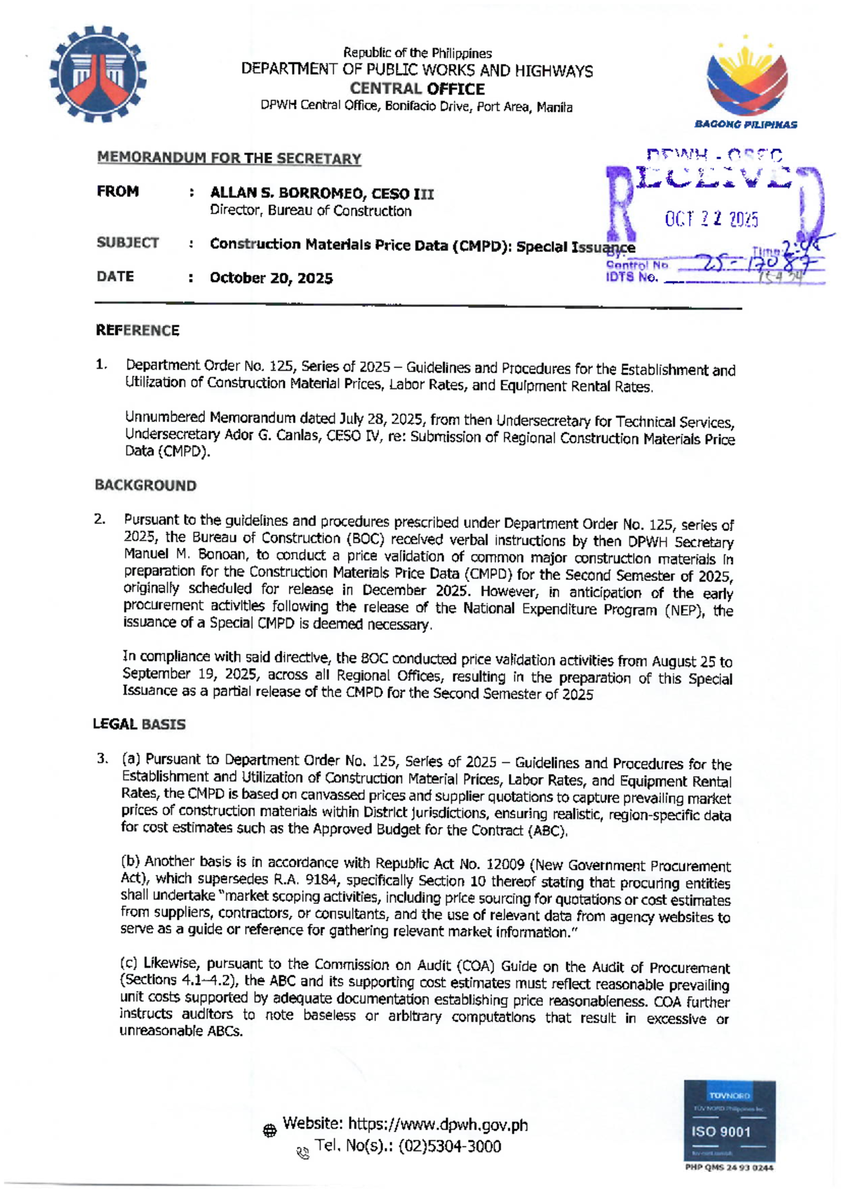 DPWH CMPD Special Issuance Memo - October 2025 - Studocu