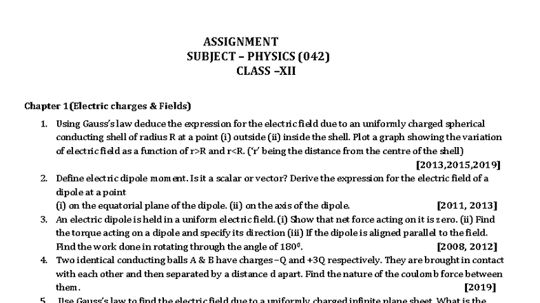 Class 12 Physics Assignment: Electric Charges, Fields & More (042) - Studocu