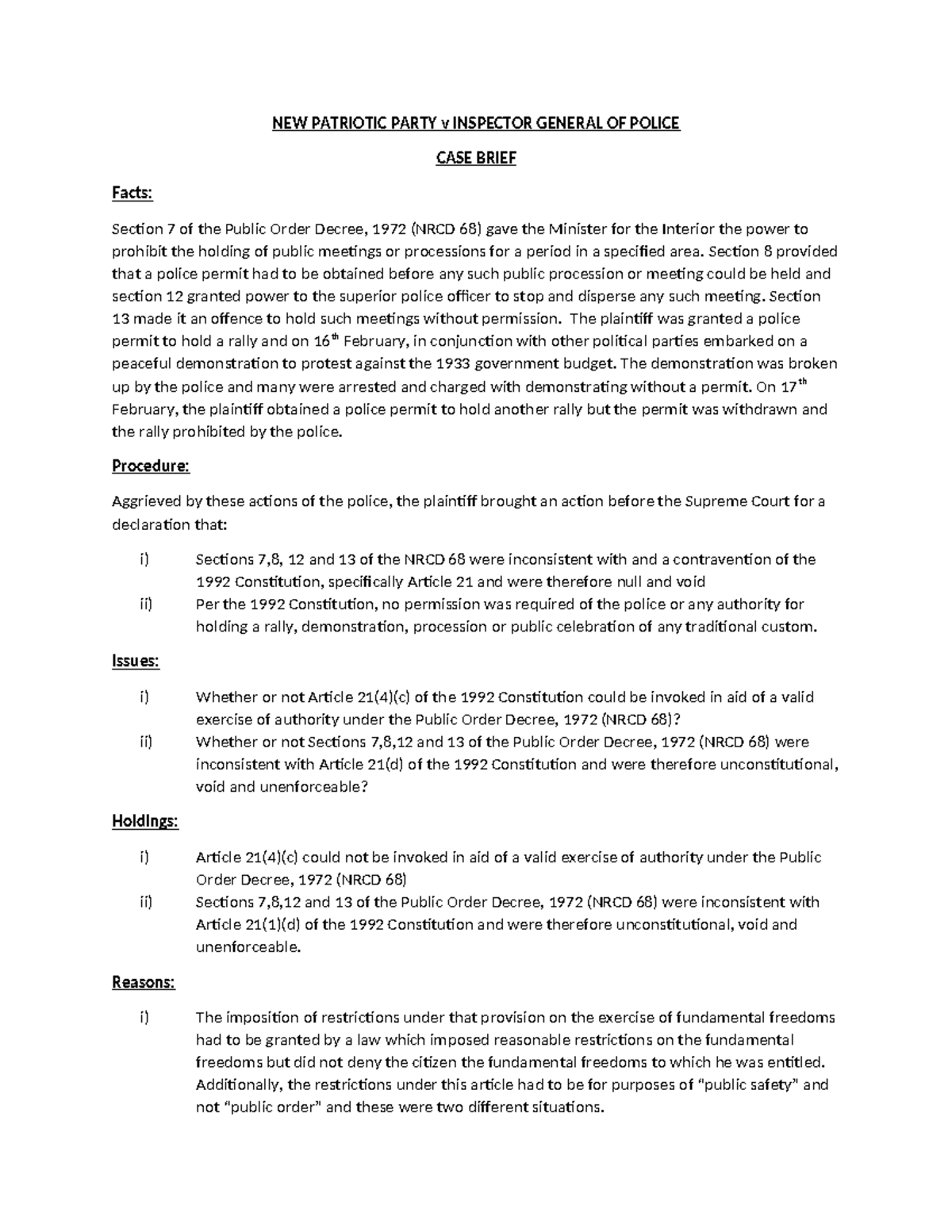 CB - NPP v. IGP: Case Analysis on Public Order Decree 1972 - Studocu