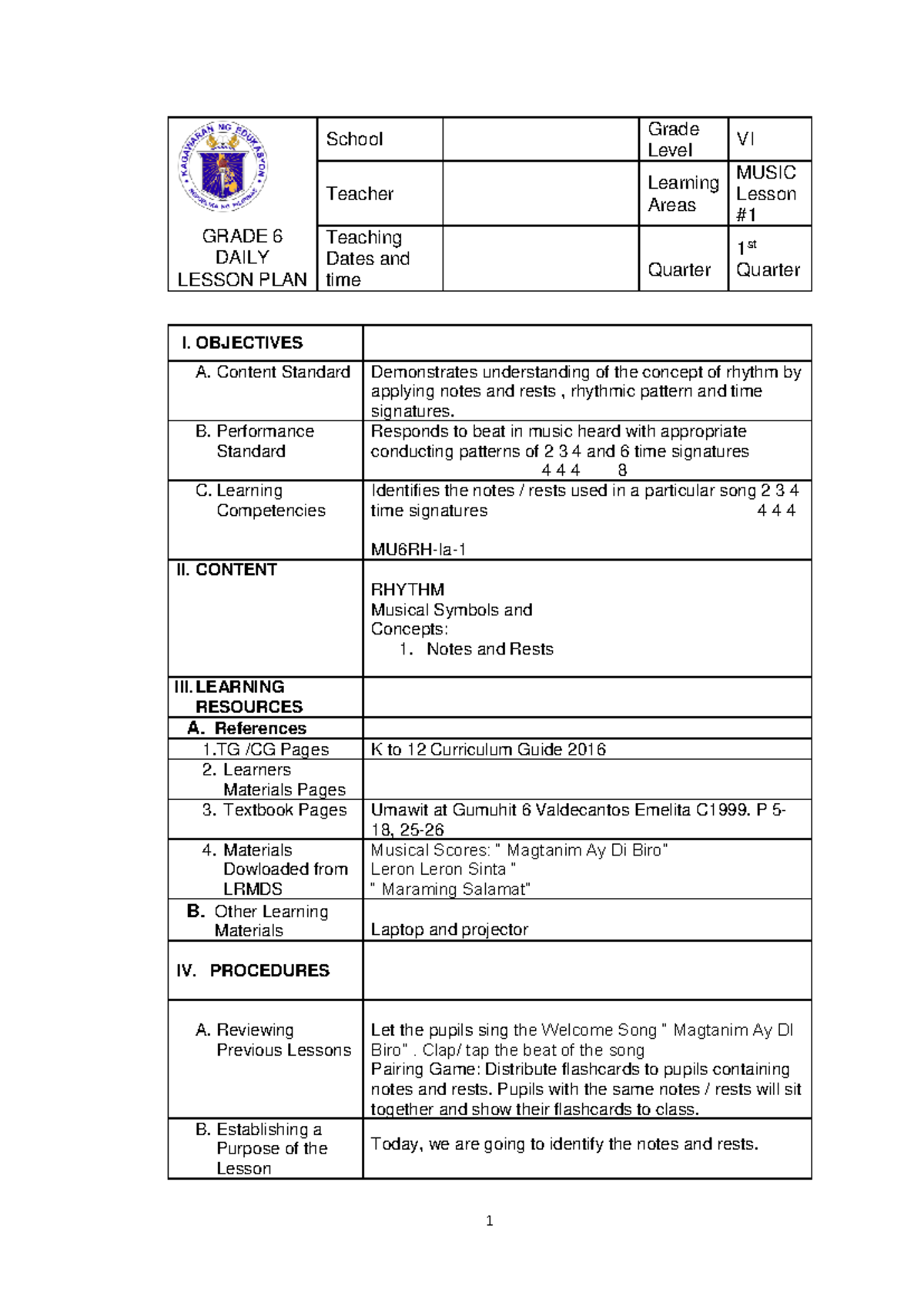 Music Grade 6 - Quarter 1 Lesson Plan on Rhythm and Conducting - Studocu